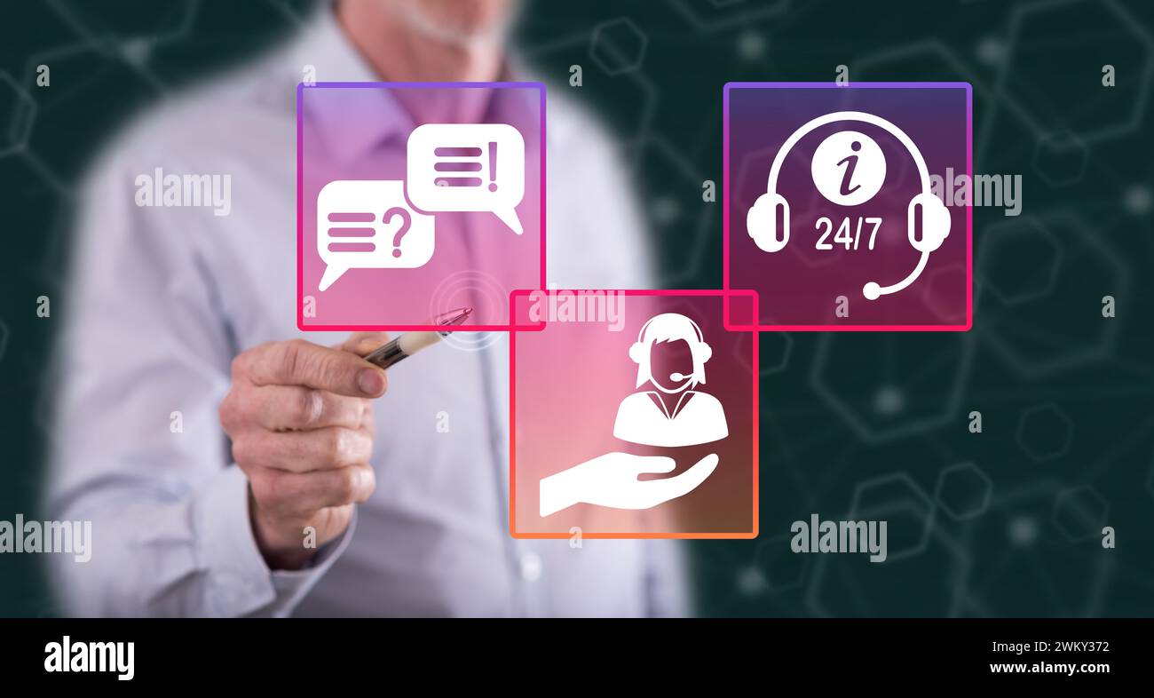 Man touching a customer service concept on a touch screen with a pen ...