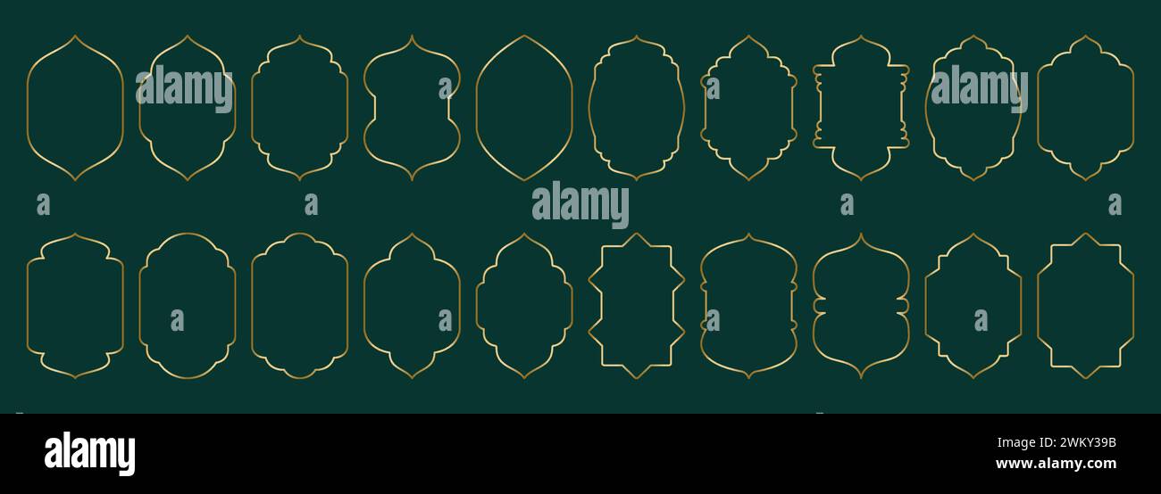 Gold thin window frame shape Islamic door or arch with geometric girikh ...