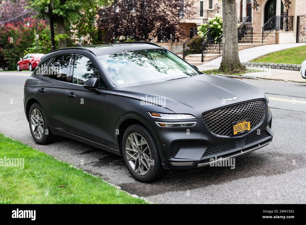 New York City, USA - August 26, 2023: 2022 Genesis GV70 3.5T Sport car parked, side view Stock ...