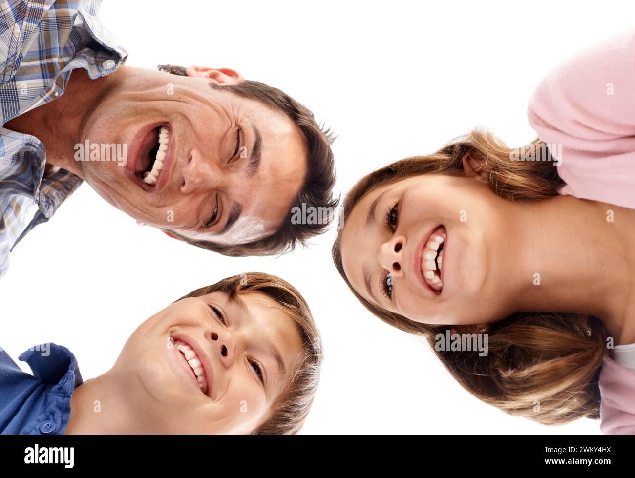 Happy, laugh and portrait of father and kids on a white background for bonding, relationship and ...