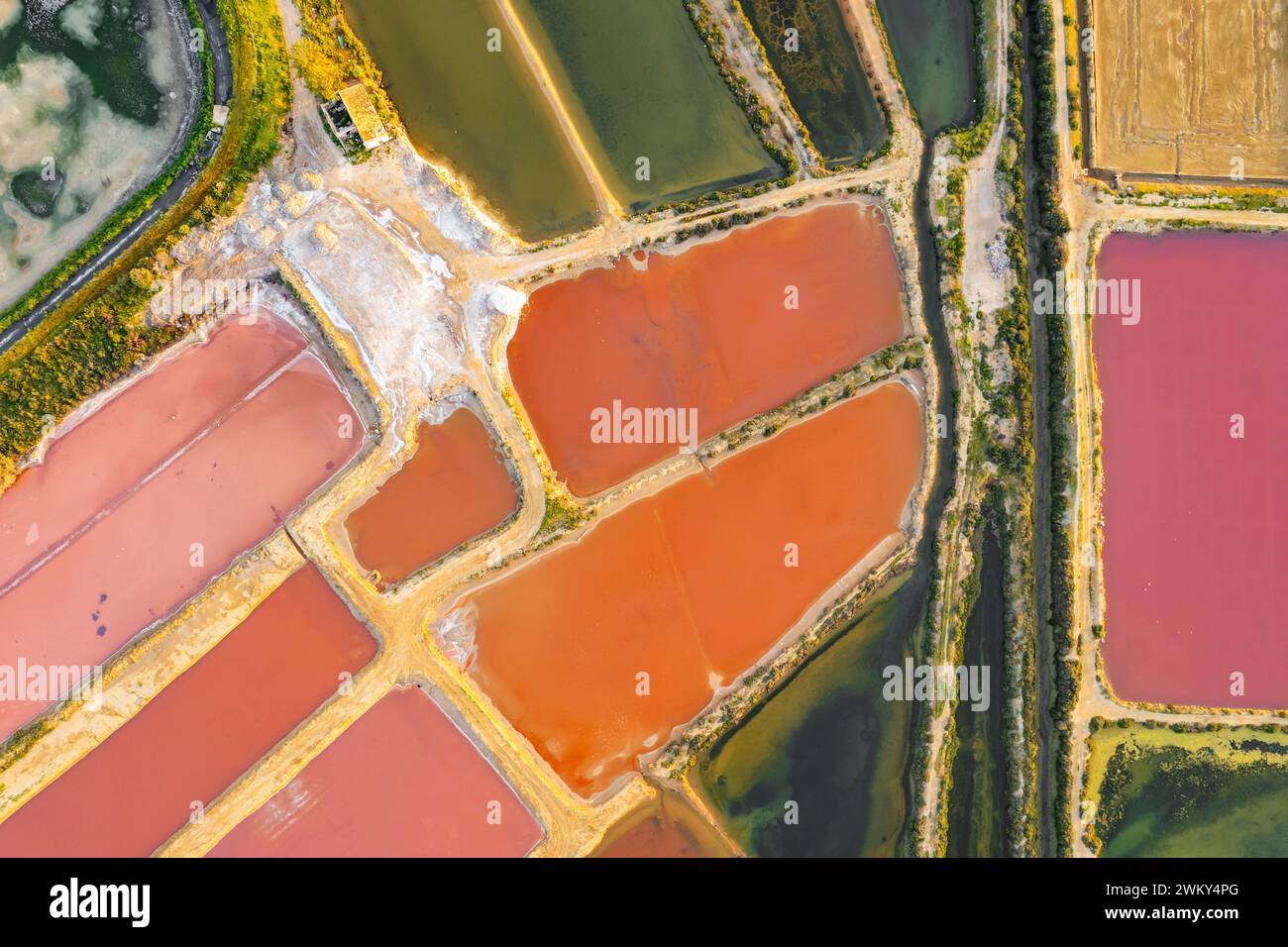 Top down view of the colorful salt ponds near Olhao town, Southern ...