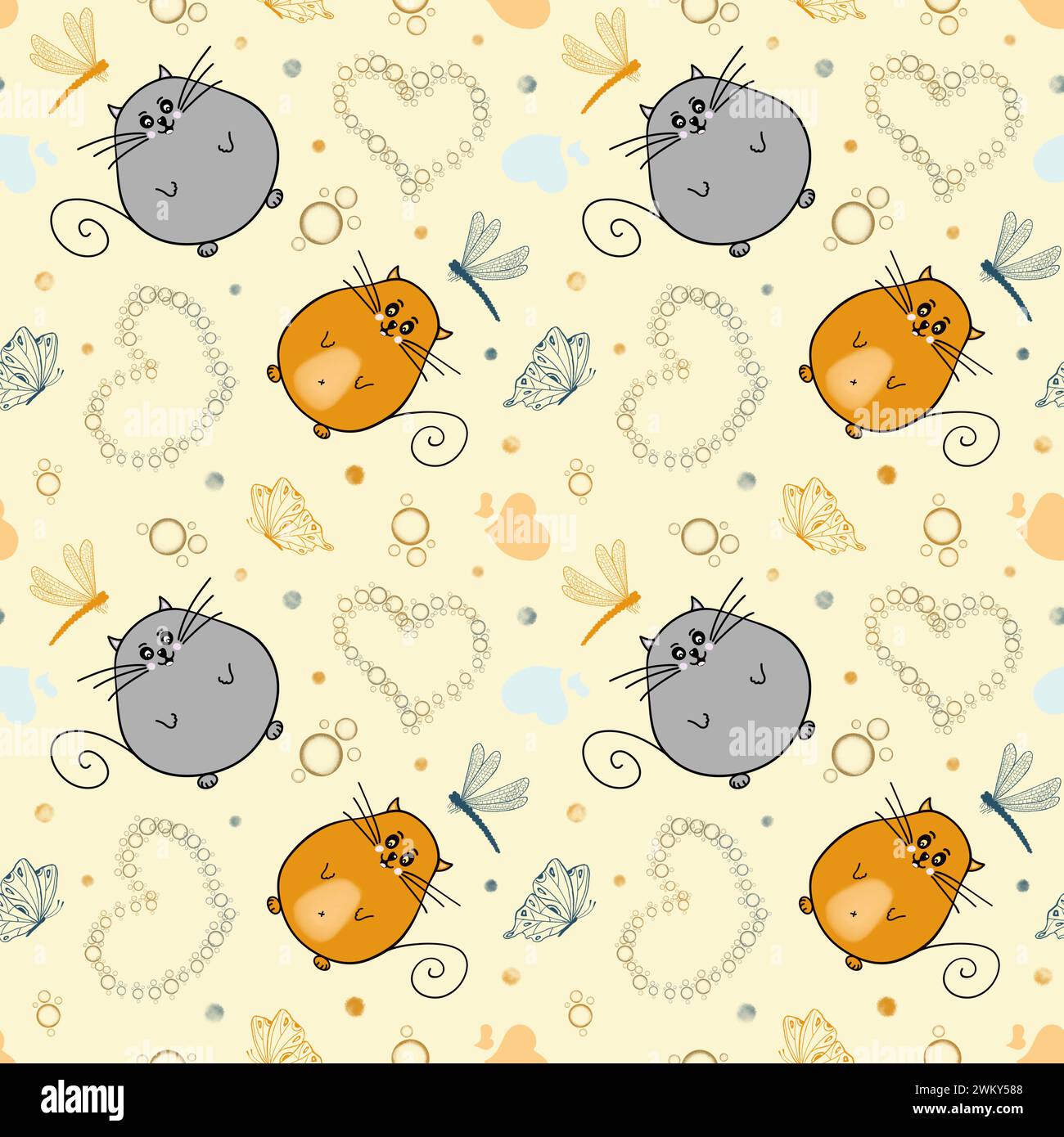 Fat cat. Cat seamless pattern. Red and gray fat cat, dragonfly and ...