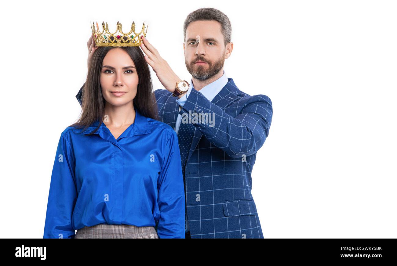 Two successful businesspeople in crown. Businesspeople rewarded for ...