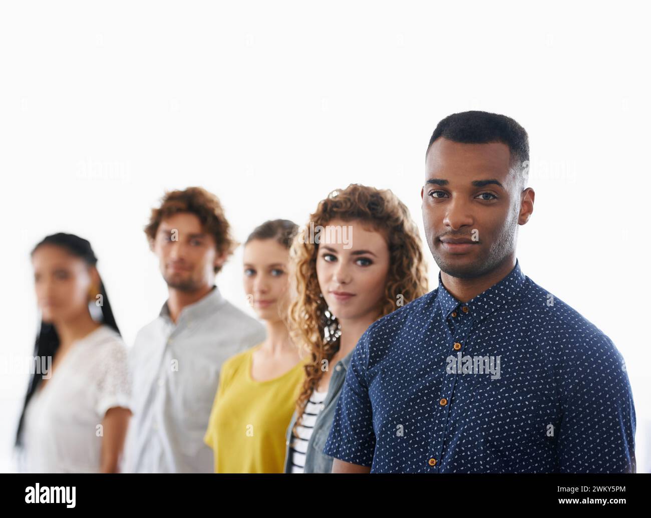 Internship, diversity and portrait of people, employees in row on white ...
