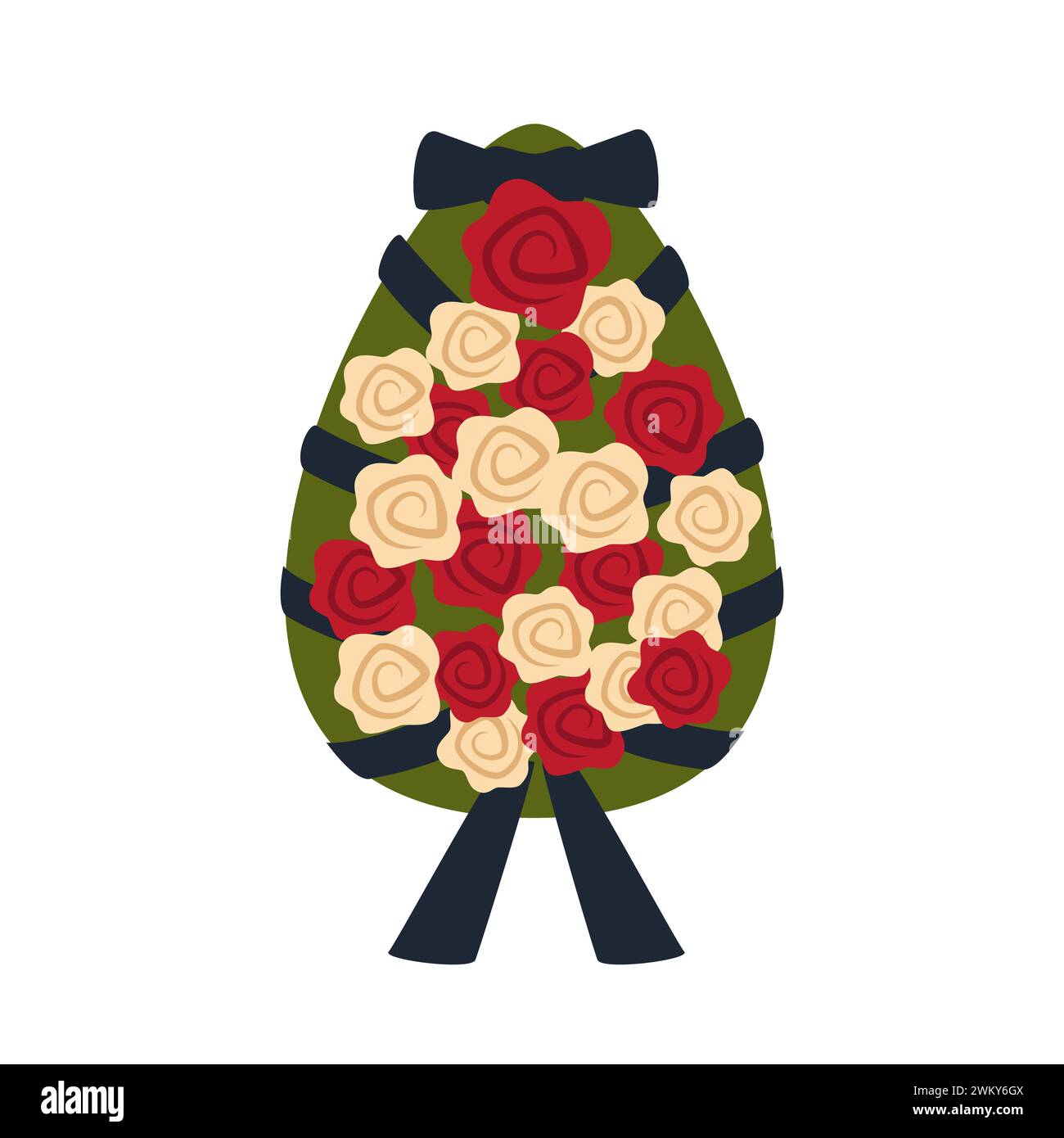 Funeral wreath with white and red roses and a mourning ribbon. Funeral ...