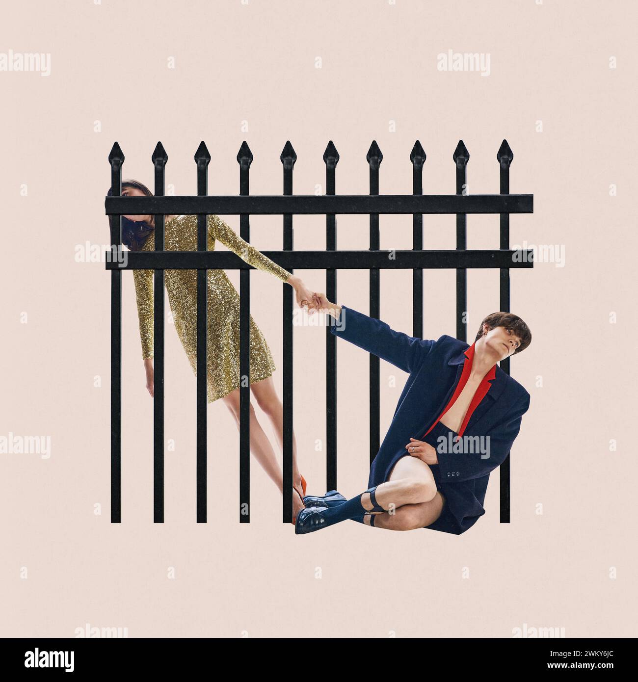 Contemporary art collage. Two people segmented by fence bars, one ...