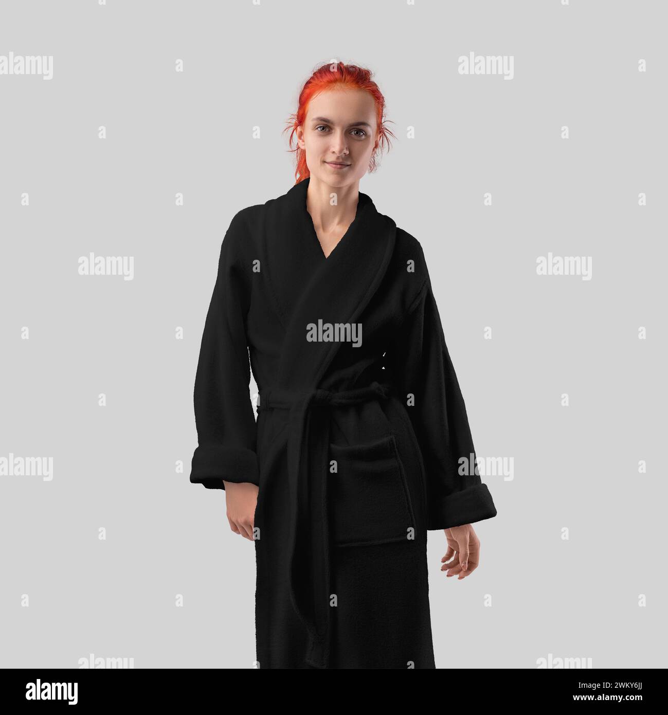 Mockup of a black terry bathrobe with a belt on a red-haired girl, a ...