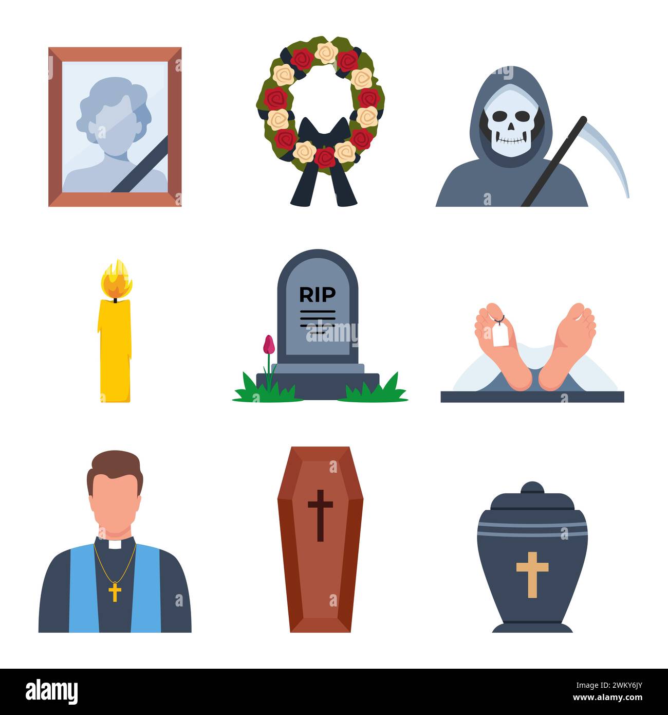 Funeral icons. Funeral accessories. Funeral wreath, coffin, tombstone ...