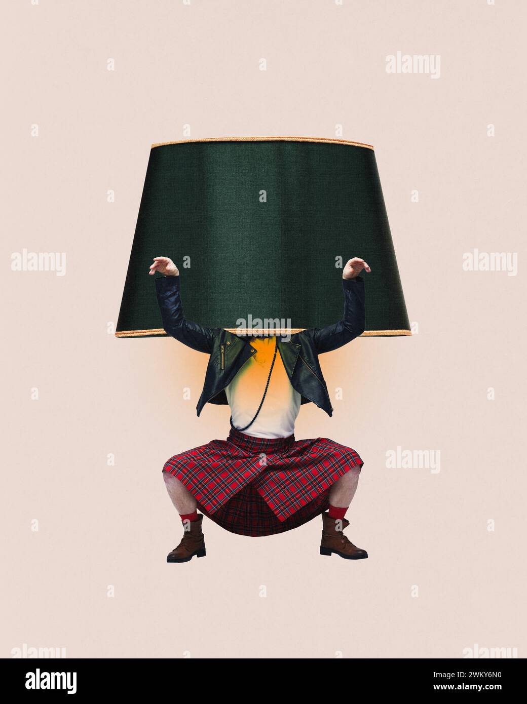 Contemporary art collage. Person with lampshade head, leather jacket ...