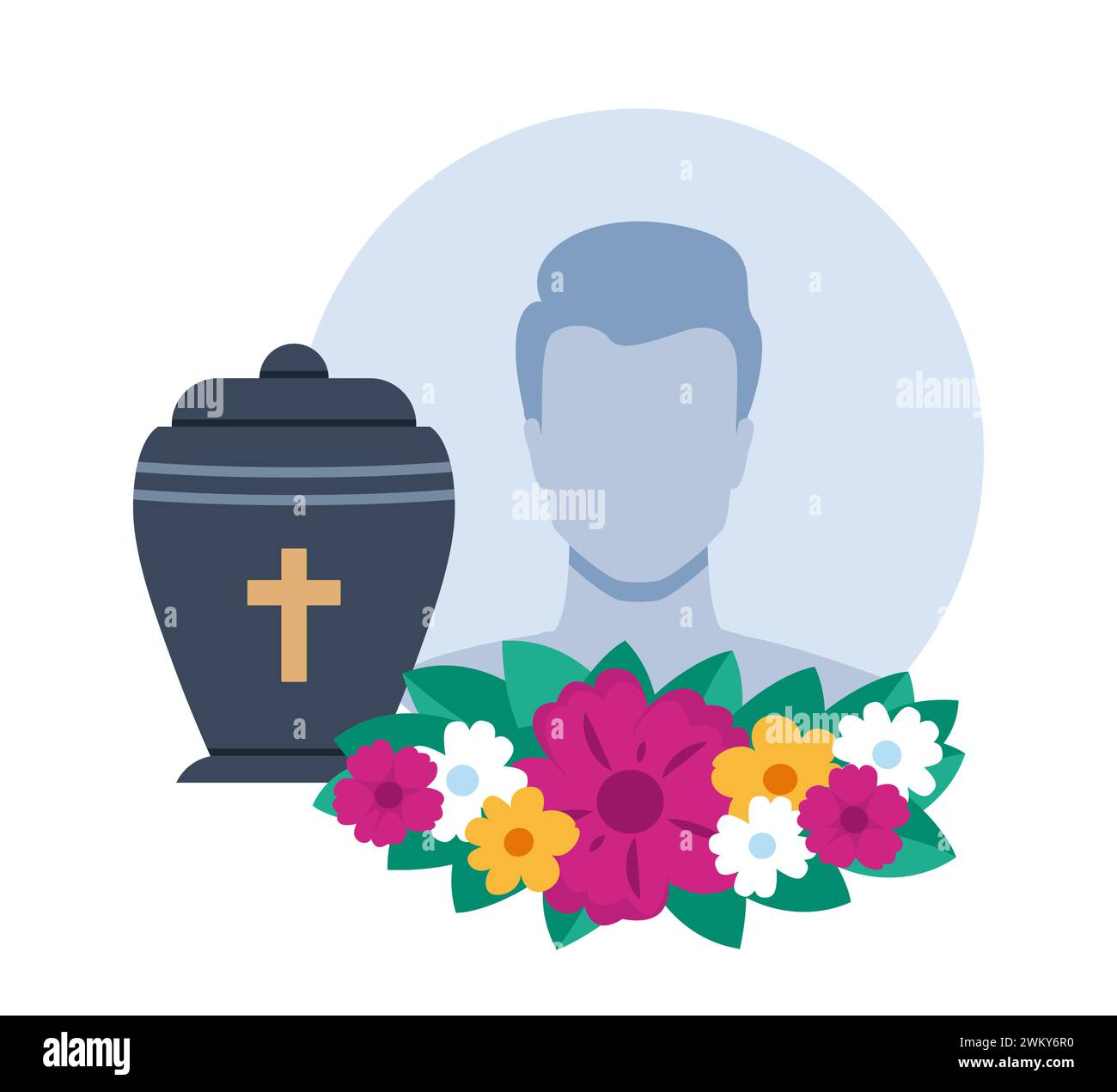 Urn with ashes. Dead man portrait and flowers. Dead young guy photo ...