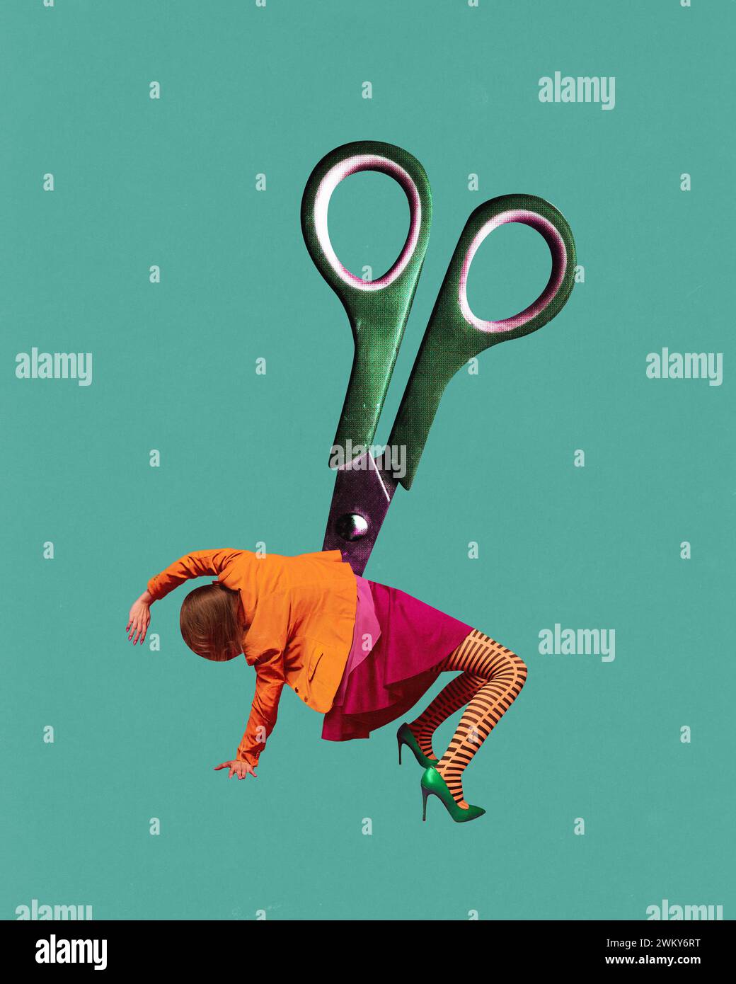 Contemporary Art Collage Person With Scissor Legs In Orange Jacket Pink Skirt Striped