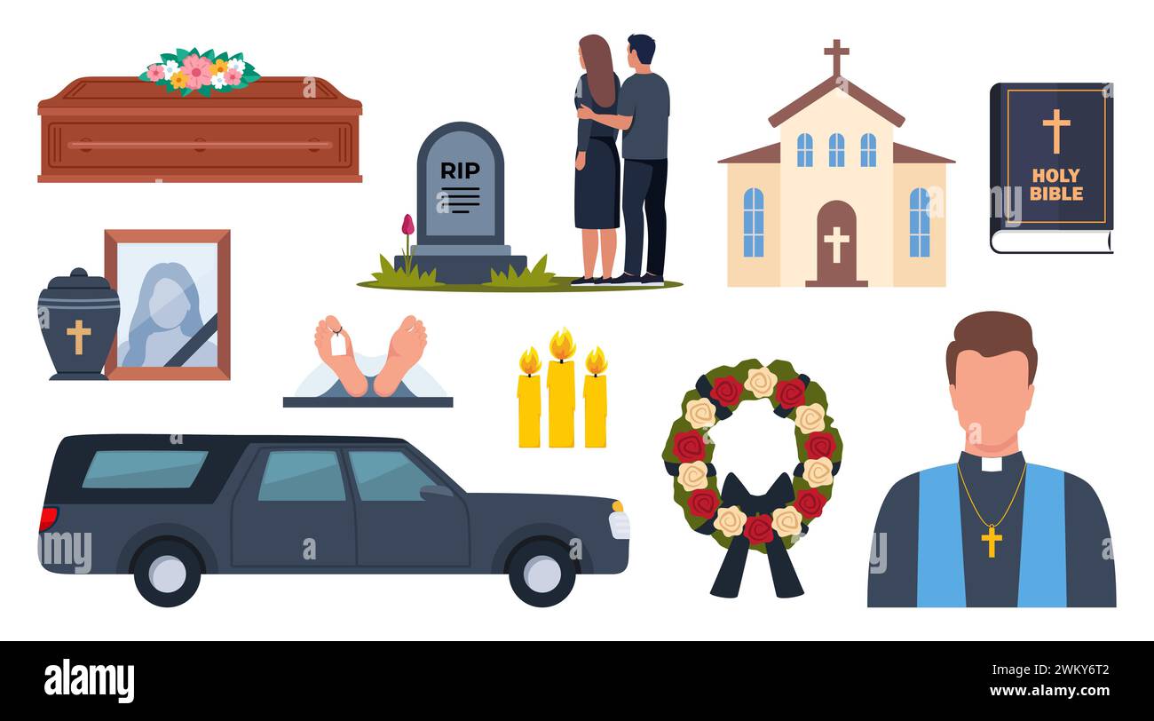 Funeral icons. Funeral accessories. Funeral wreath, coffin, tombstone ...