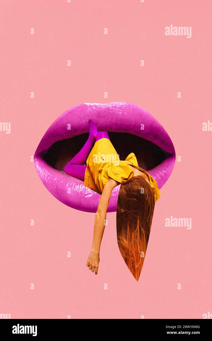 Contemporary art collage. Woman in yellow shirt and purple tights ...