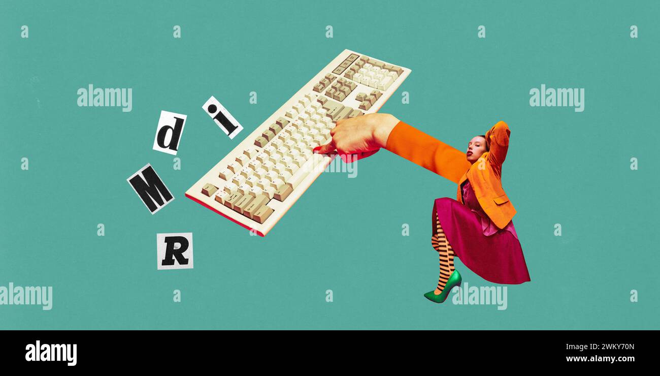 Modern aesthetic artwork. Person with oversized arm typing on keyboard ...
