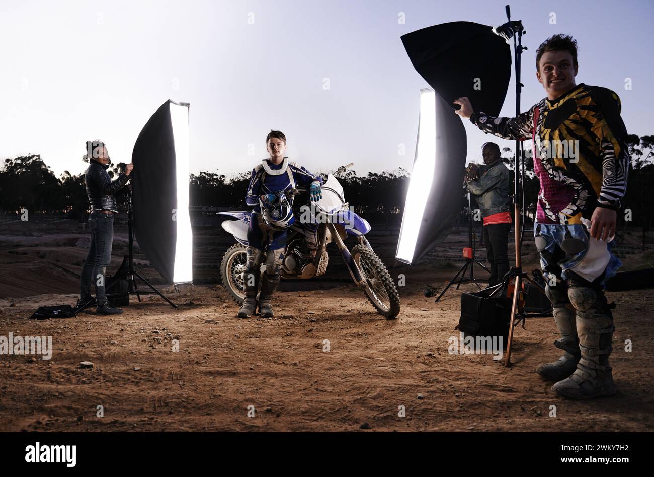 Photoshoot, motorcycle and person in nature with lighting, equipment ... Photoshoot, motorcycle and person in nature with lighting, equipment ...