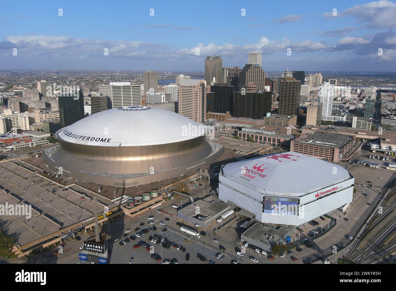 A general overall aerial view of the Caesars Superdome (left) and ...