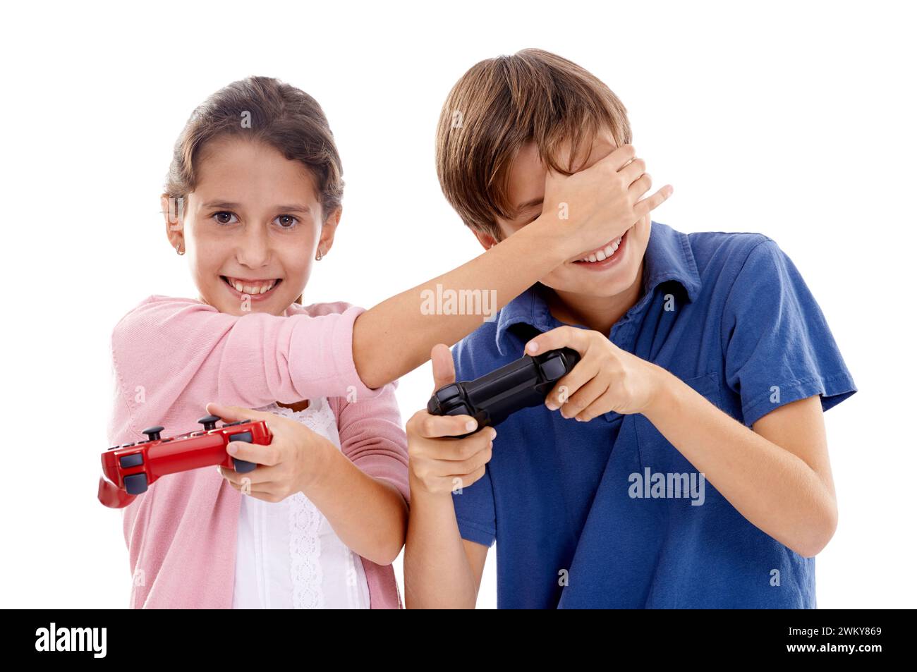 Kids, gaming and controller for siblings in studio, portrait and cover ...