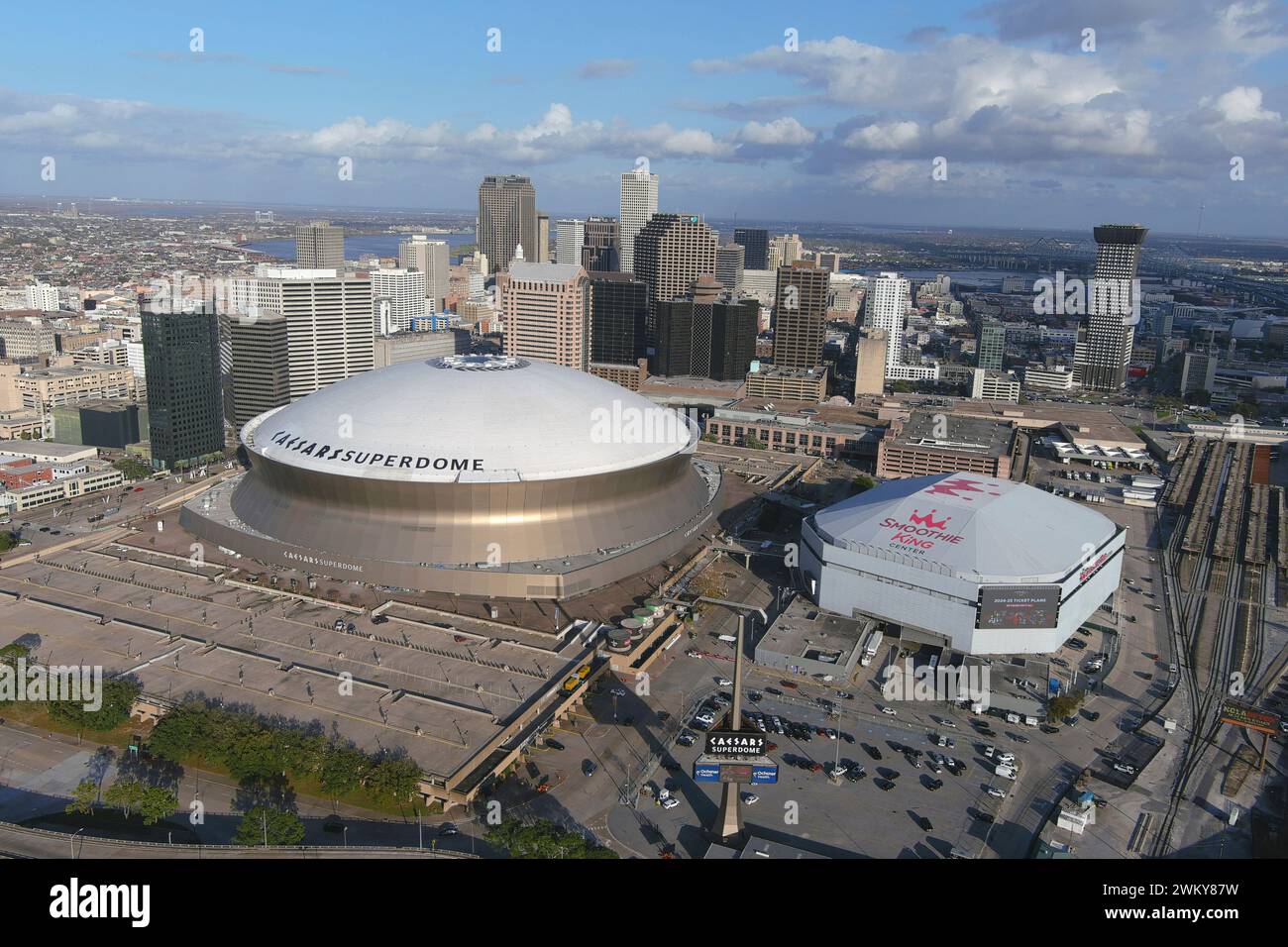 A general overall aerial view of the Caesars Superdome (left) and ...