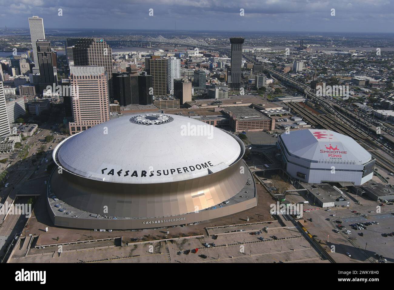 A general overall aerial view of the Caesars Superdome (left) and ...