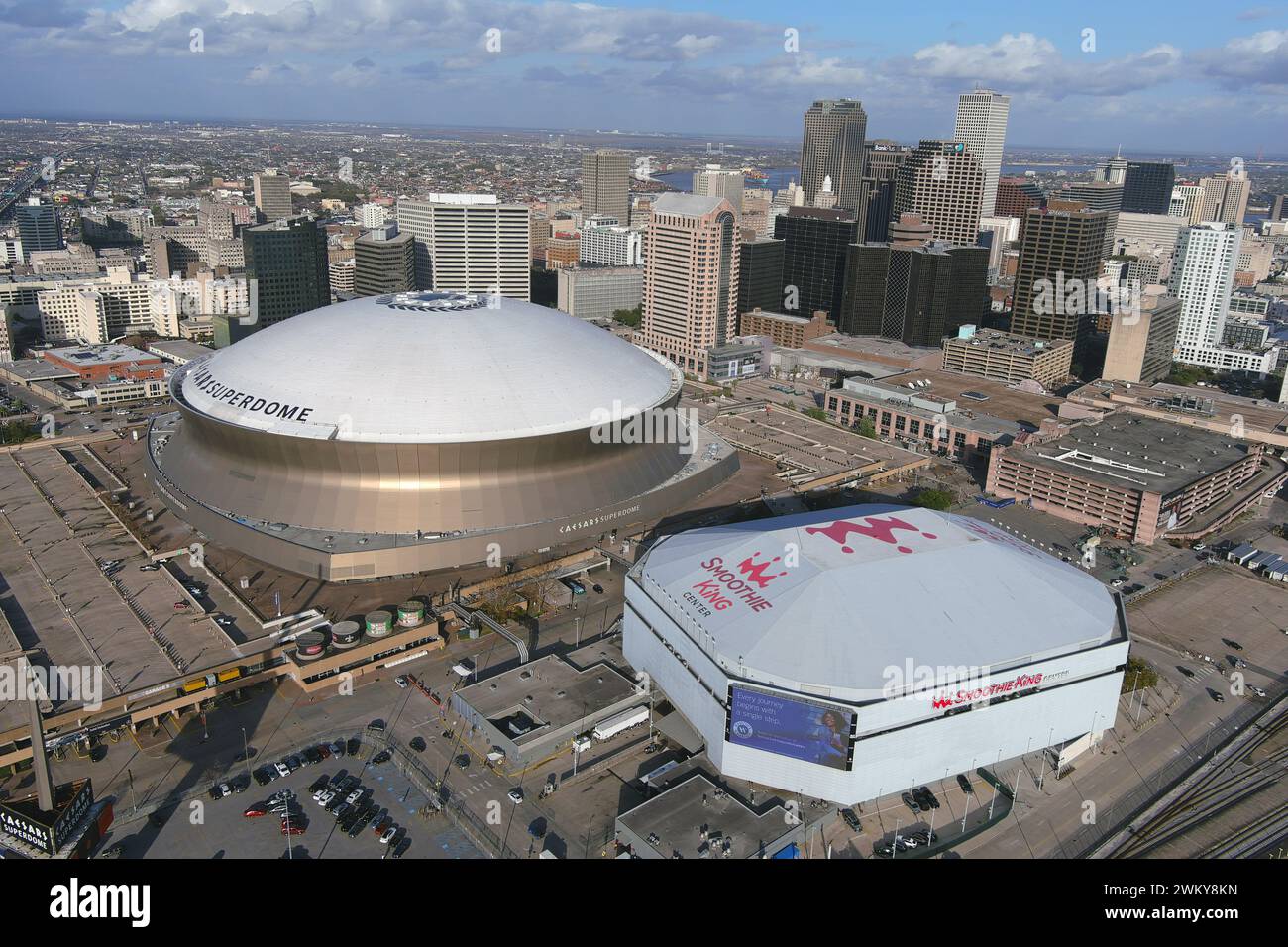 A general overall aerial view of the Caesars Superdome (left) and ...