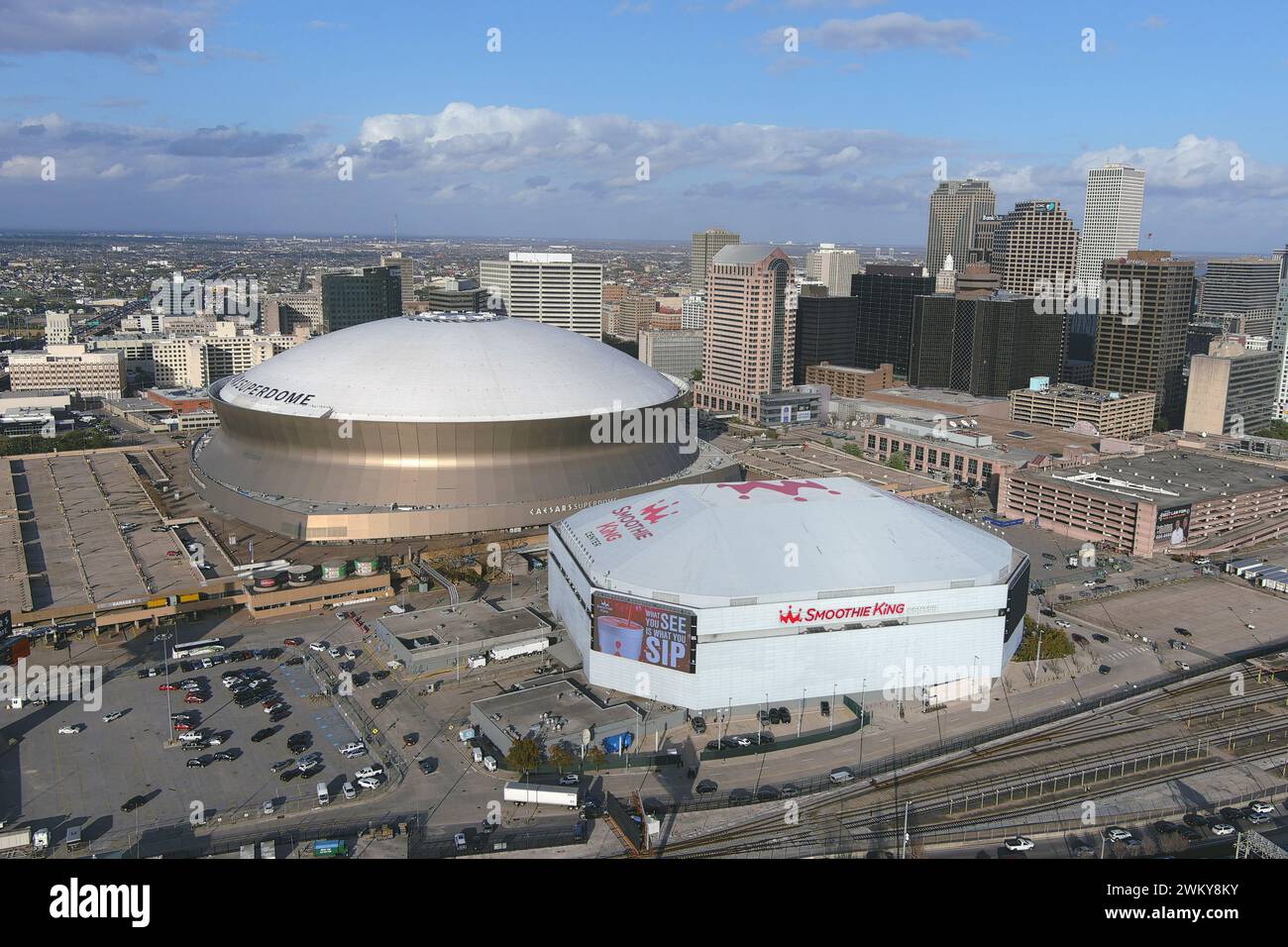 A general overall aerial view of the Caesars Superdome (left) and ...