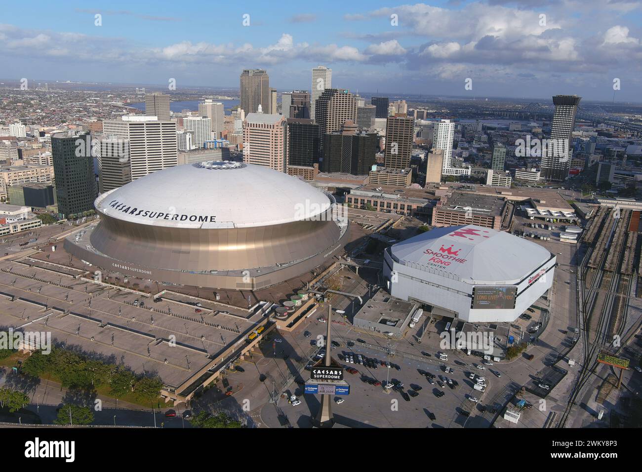 A general overall aerial view of the Caesars Superdome (left) and ...