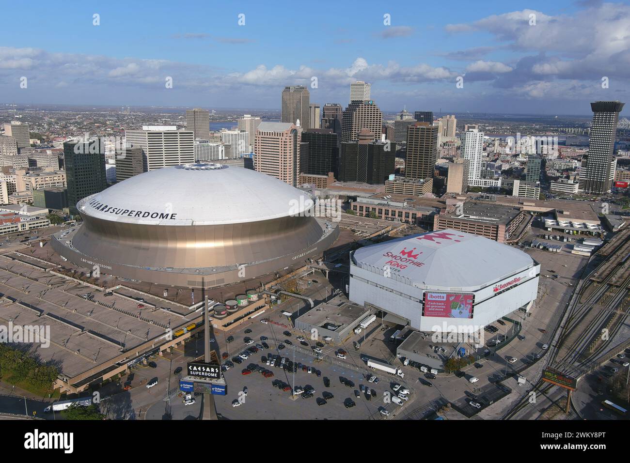 A general overall aerial view of the Caesars Superdome (left) and ...