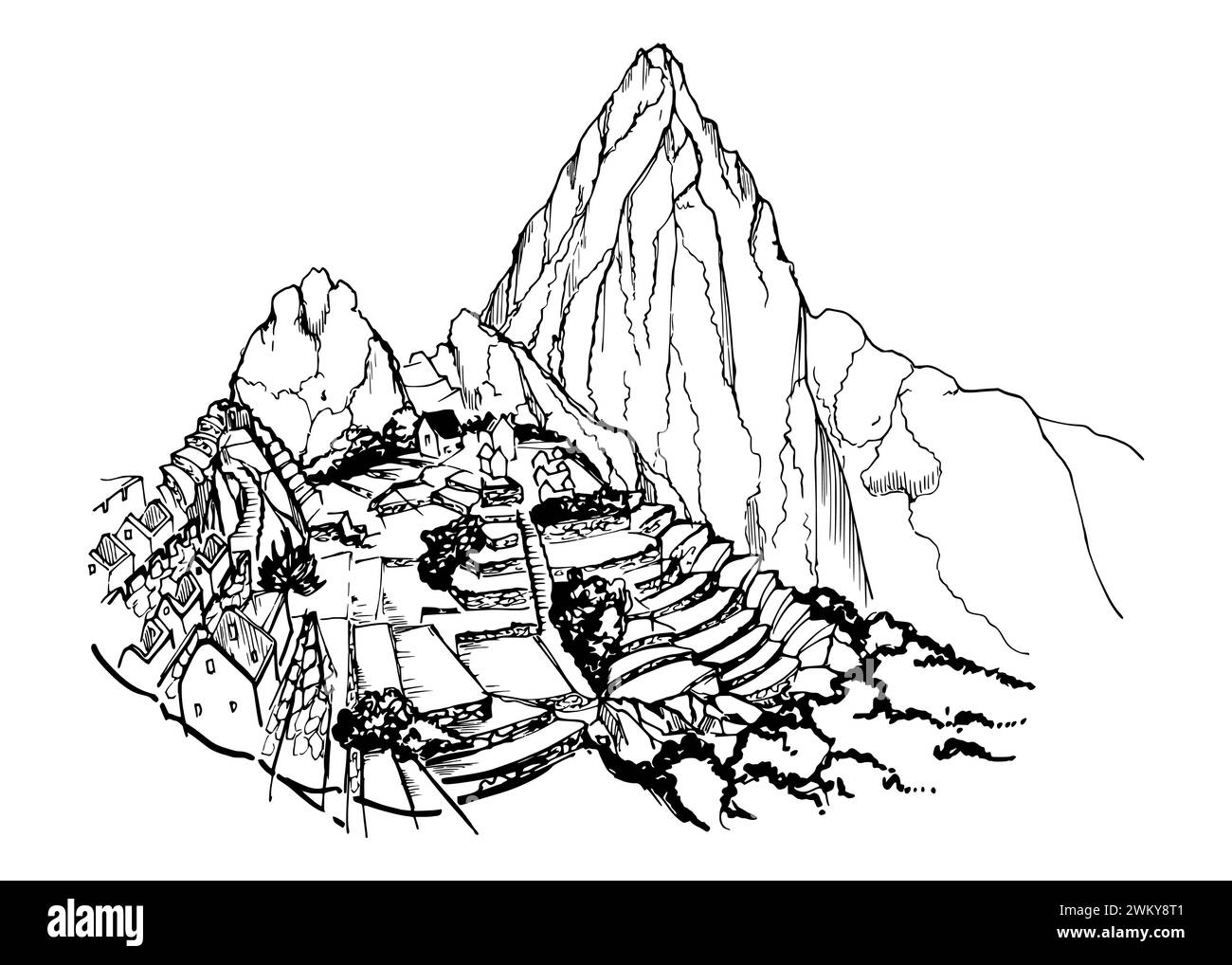 Hand drawn ink vector illustration, mountain landscape scenery Central ...