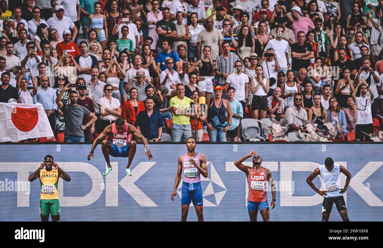 Noah Lyles jumping in the 100 meters final at the 2023 Budapest World ...