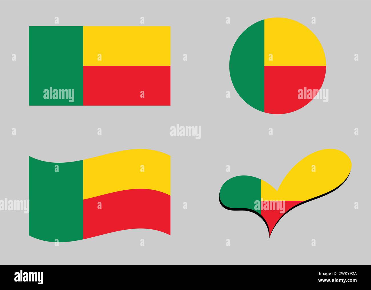 Benin flag. Flag of Benin in heart shape. Benin flag in circle shape. Country flag variations ...