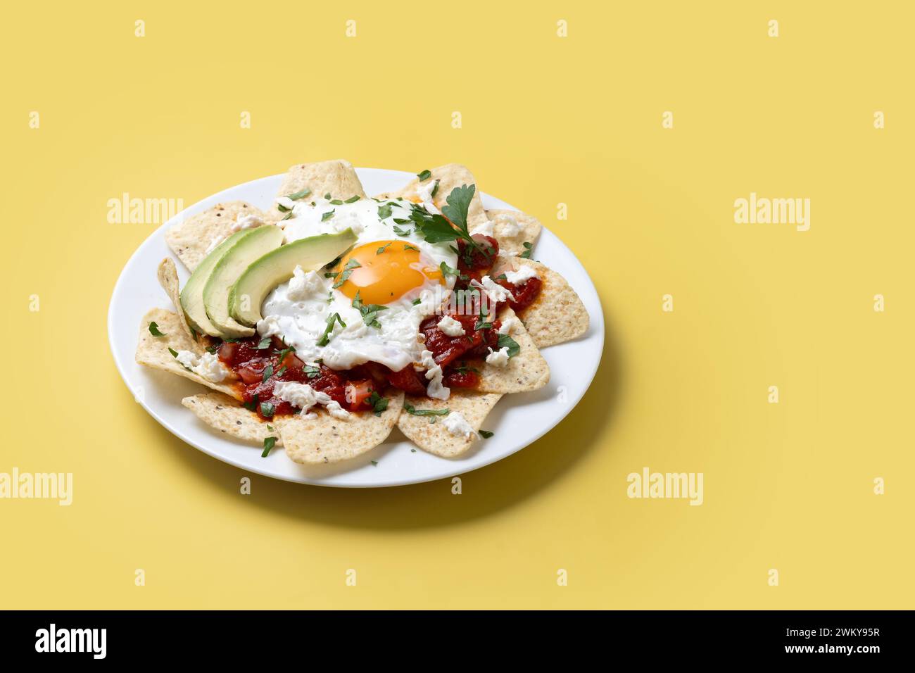 Traditional Mexican breakfast red chilaquiles with egg on yellow ...
