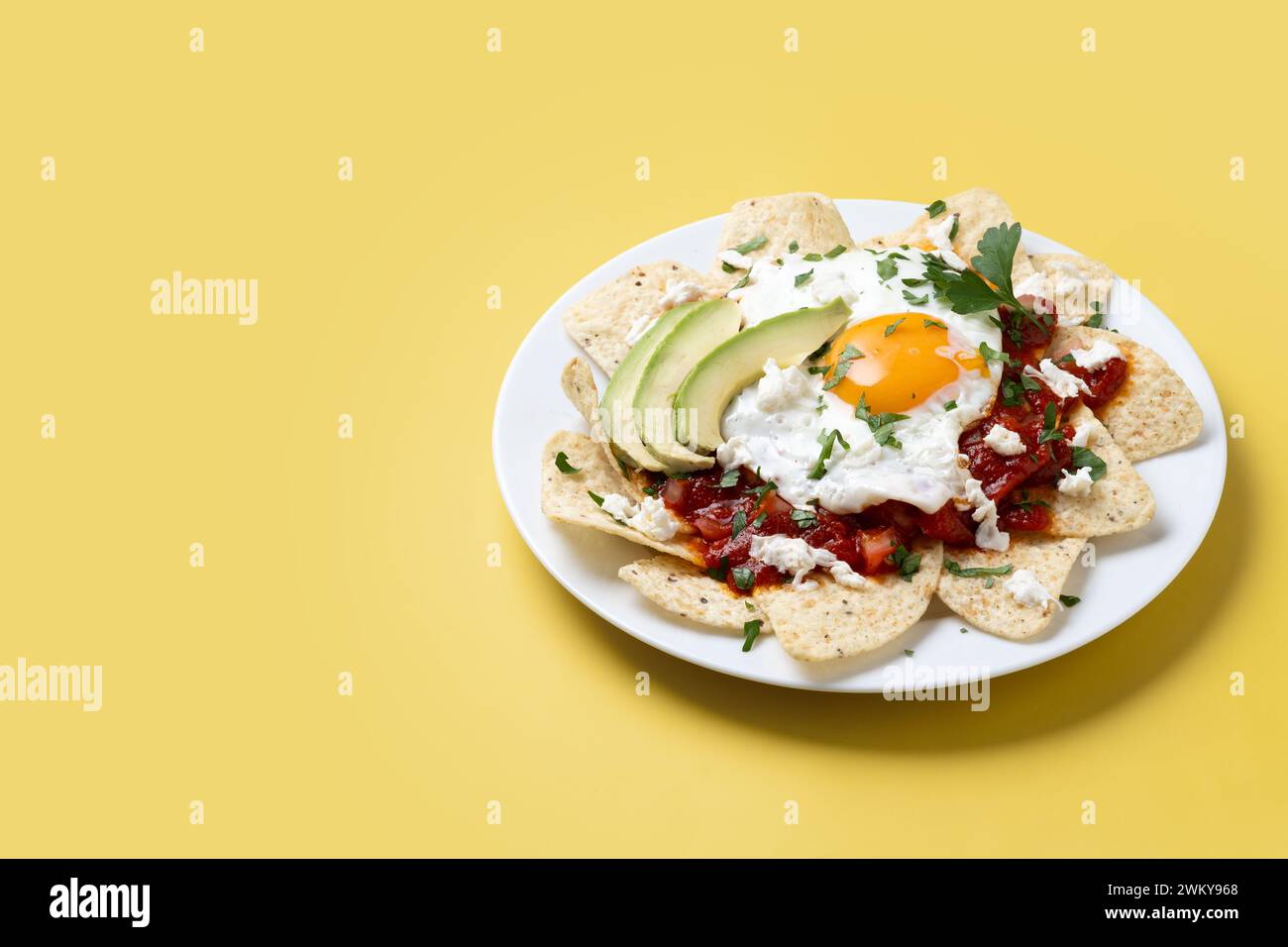 Traditional Mexican breakfast red chilaquiles with egg on yellow ...
