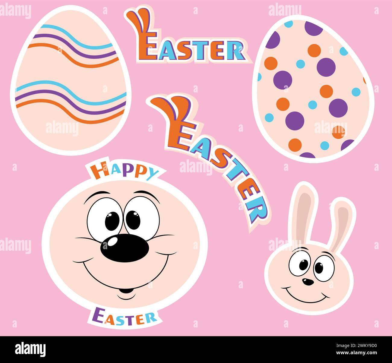 Easter set of stickers. Easter bunny, egg, cartoon face ...