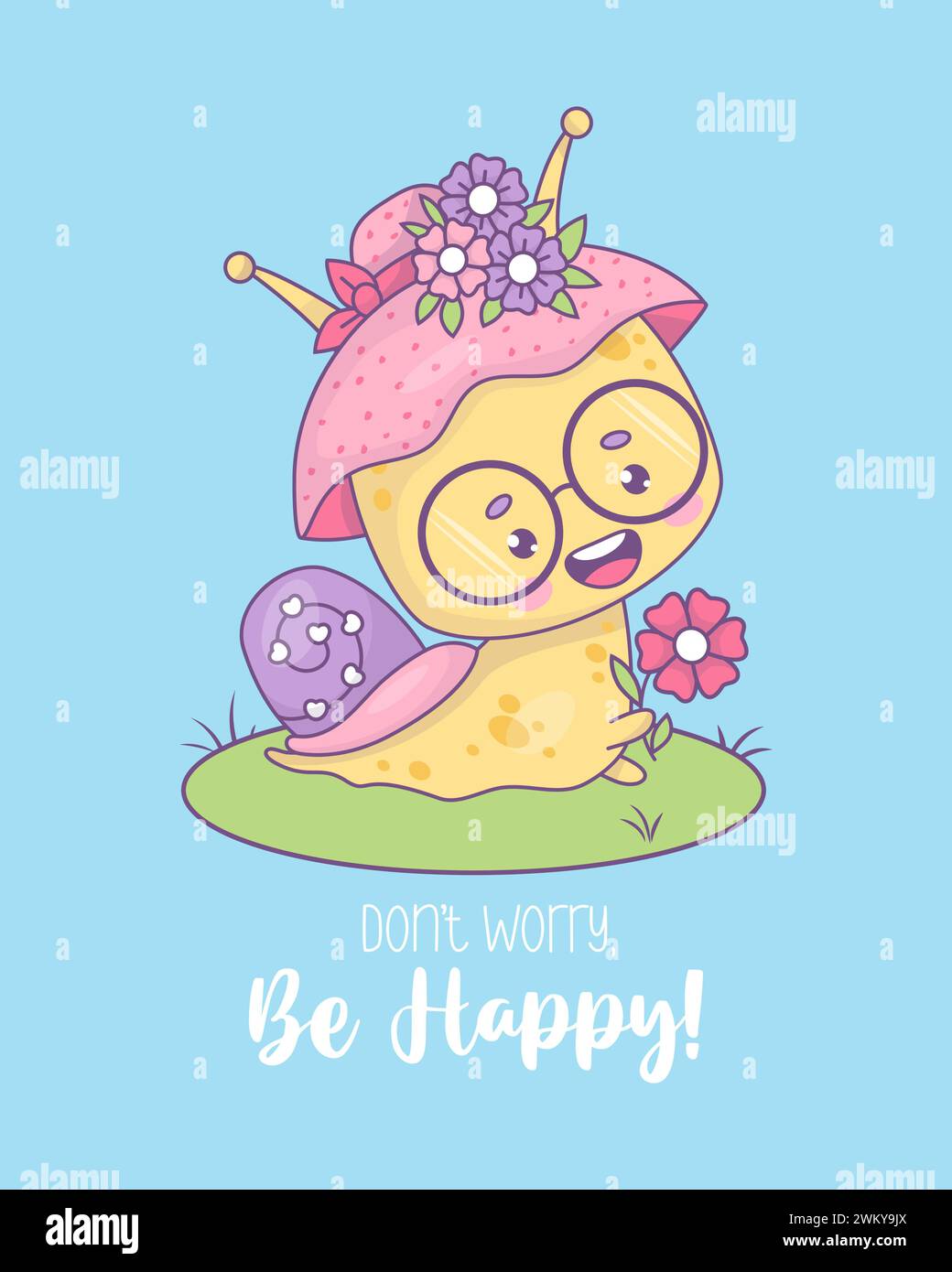 Funny snail character pretty woman in hat with flowers. Cute insect ...