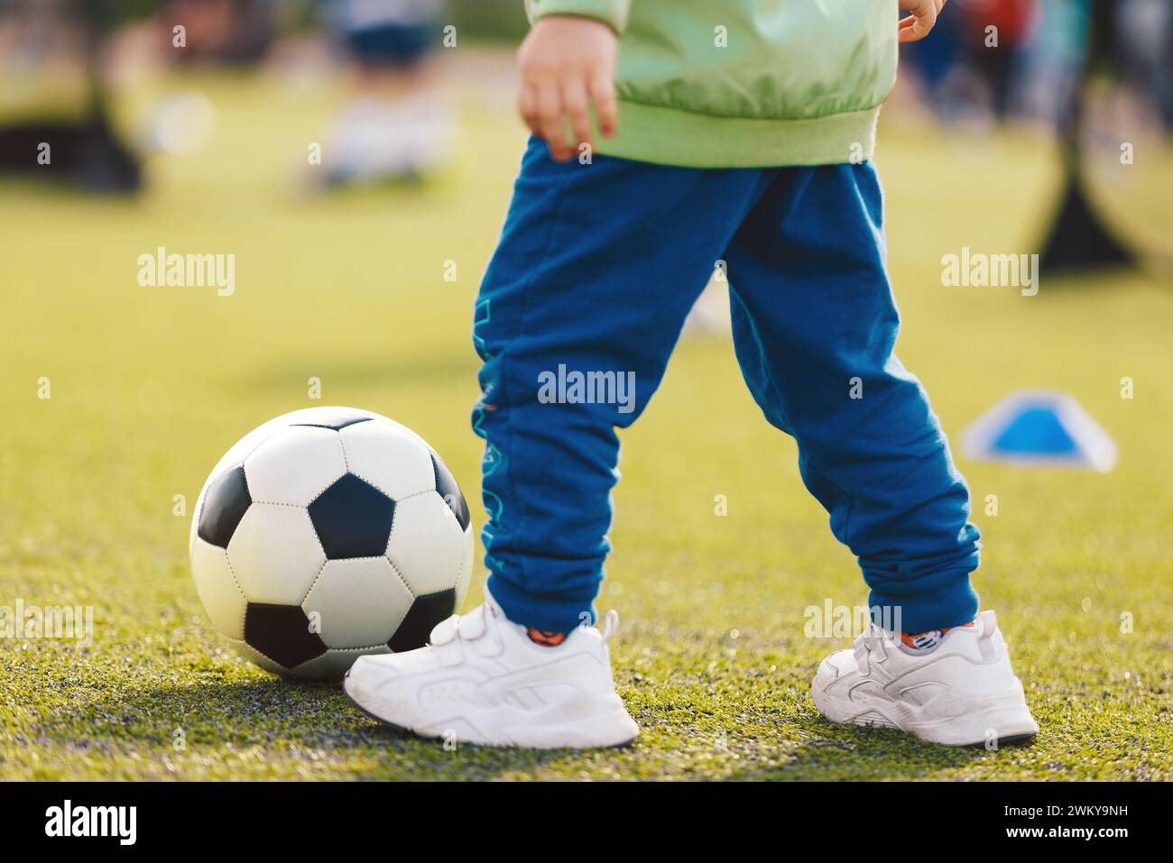 Little child with a soccer ball on a grass field. School kid kicking ...