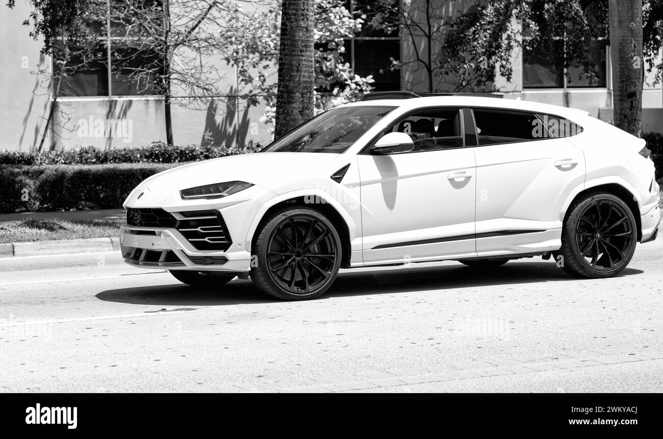 Miami Beach, Florida USA - April 15, 2021: 2019 Giallo Auge Lamborghini ...