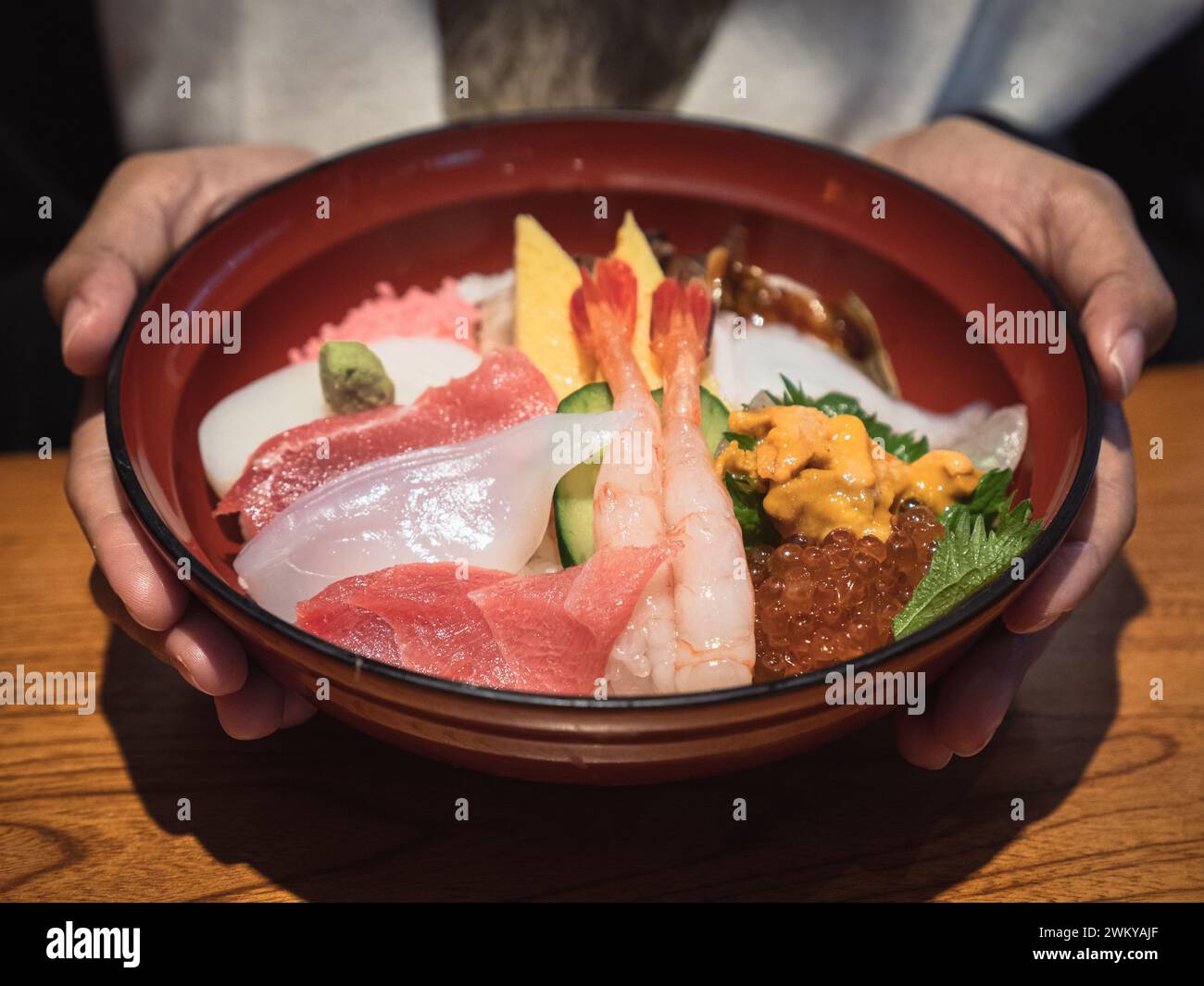 Big set of mix sashimi - fresh fish on top of rice bowl in Japanese ...