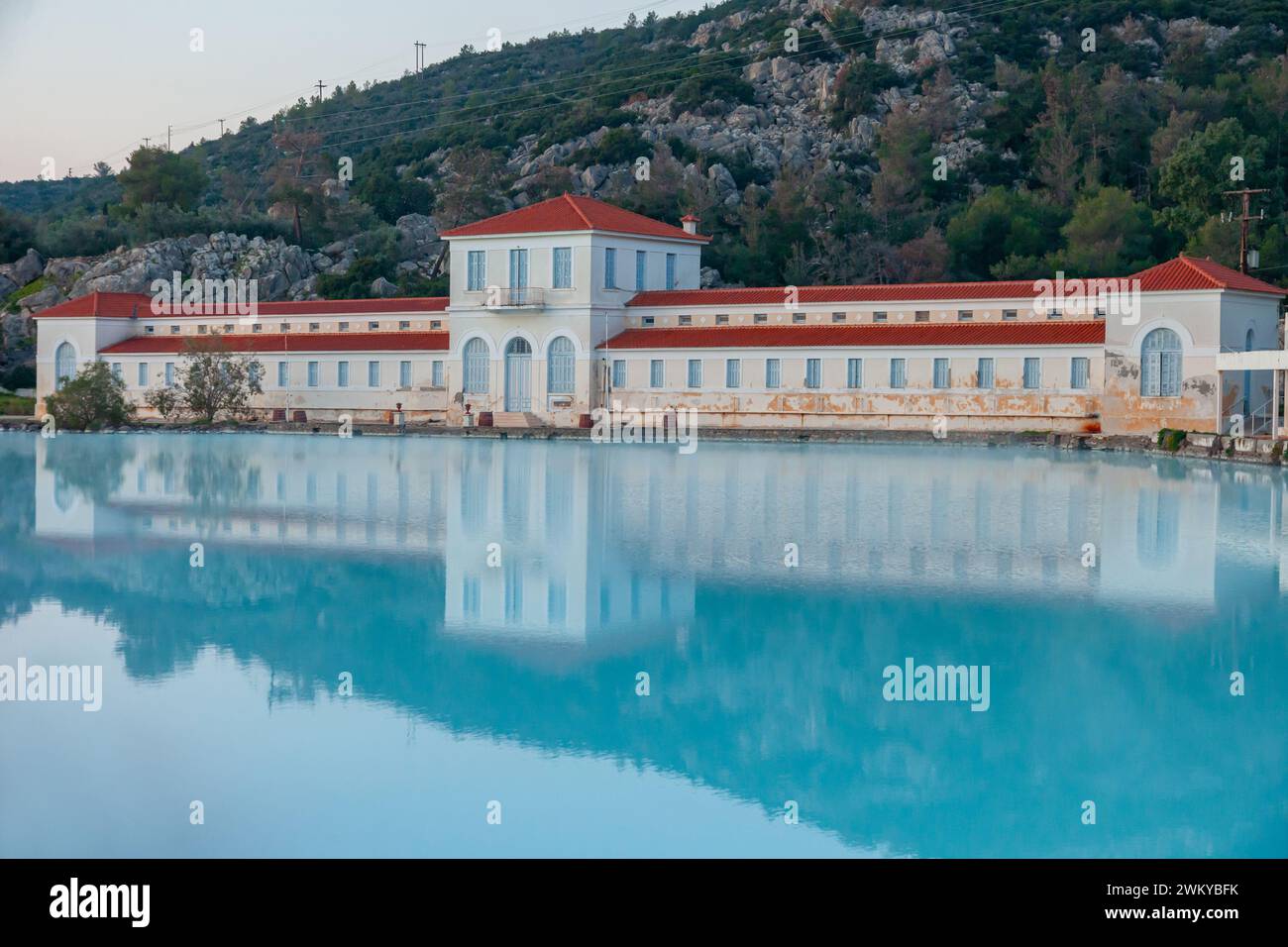 The therapeutic water of Methana town and the Baths, Greece Stock Photo ...