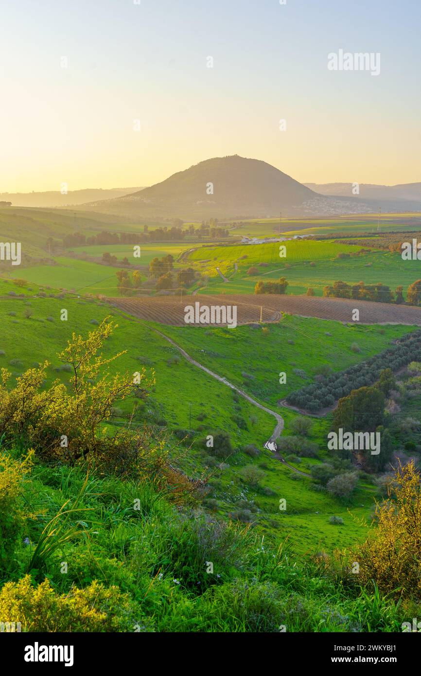 Sunset view of the Tabor Stream landscape, with countryside, Mount ...
