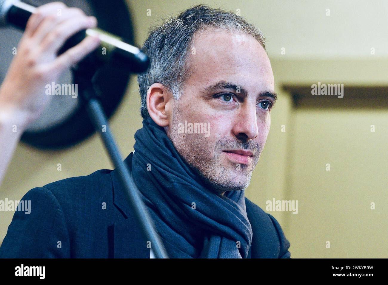 Strasbourg, France. 23rd Feb, 2024. Place Publique member and MEP Raphael Glucksmann meets his ...