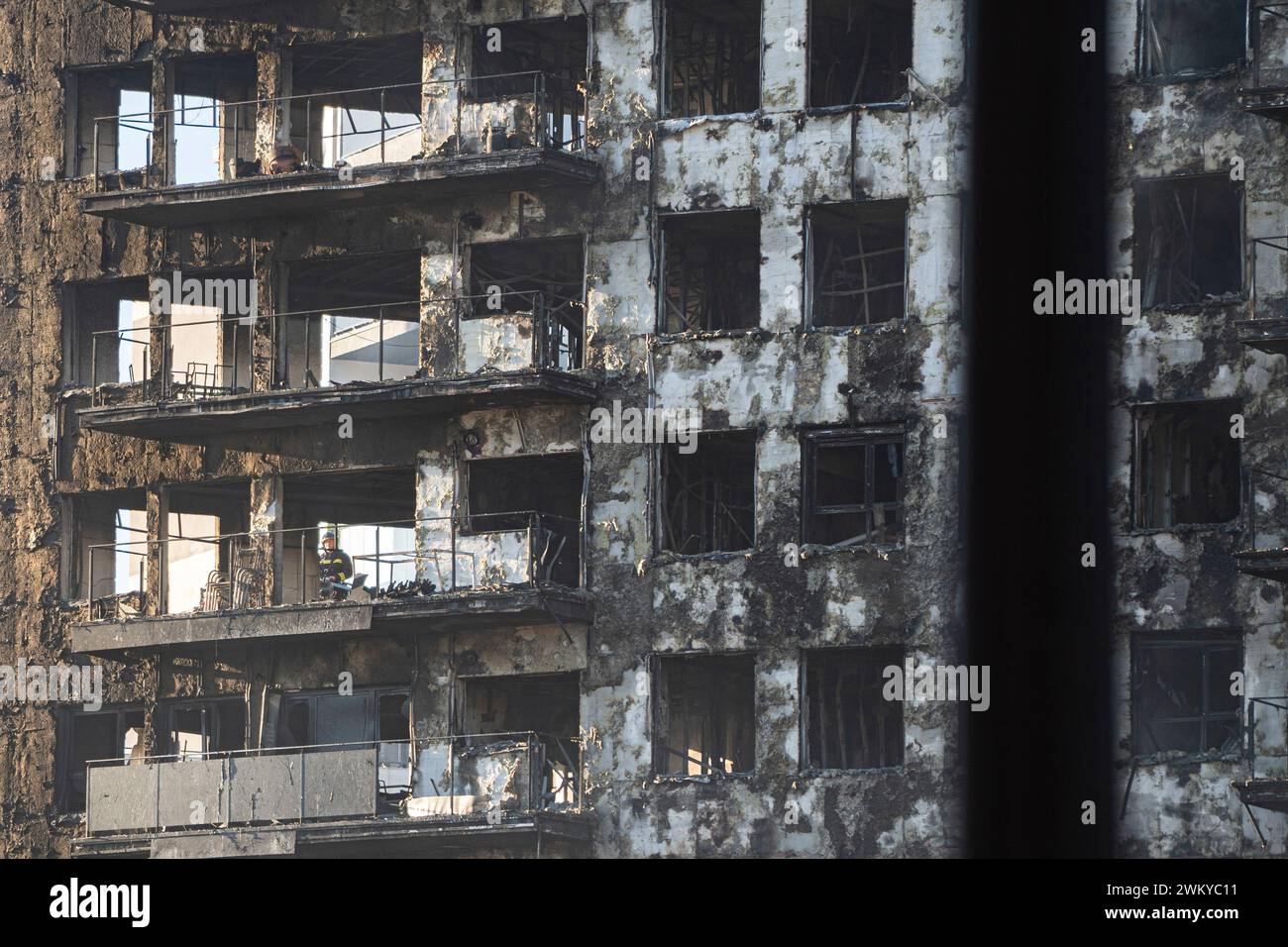The structure of the building after the fire yesterday, February 22, in ...