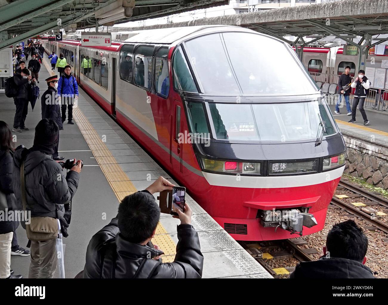 An observation car of the Panorama Super train is unveiled at the Meitetsu Gifu Station in Gifu ...