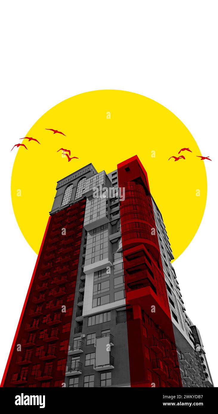 Monochrome skyscraper with red line overlays and bird silhouettes ...
