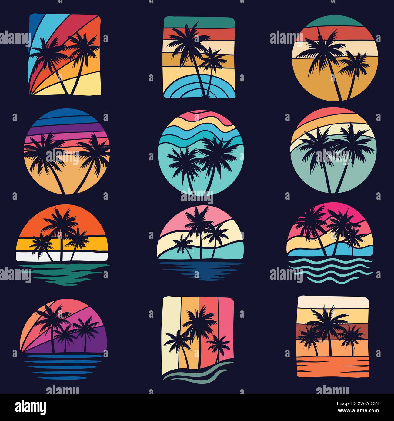 Vintage retro palm tree silhouette set collection Stock Vector Image ...