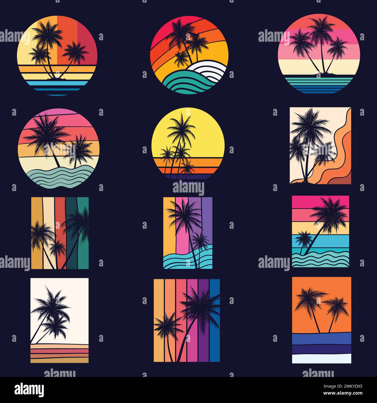 Vintage retro palm tree silhouette set collection Stock Vector Image ...