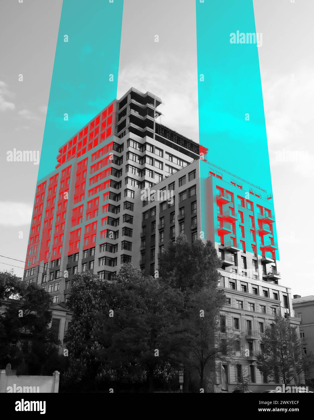 Modern building with red highlights, divided by cyan vertical elements ...
