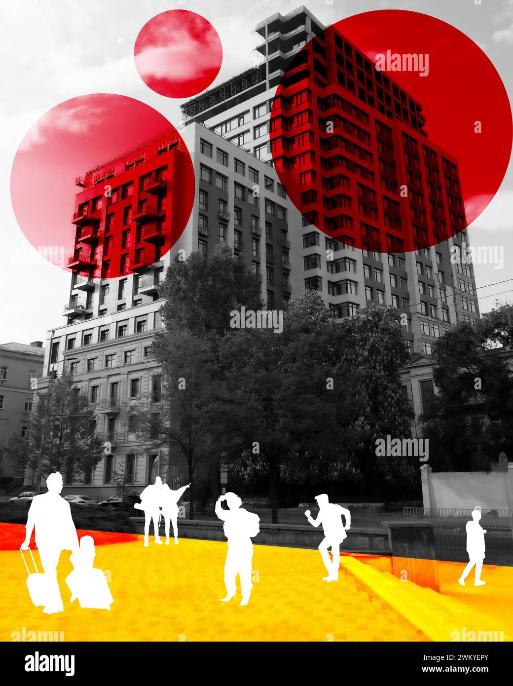 Monochrome image of modern buildings with red design elements and ...
