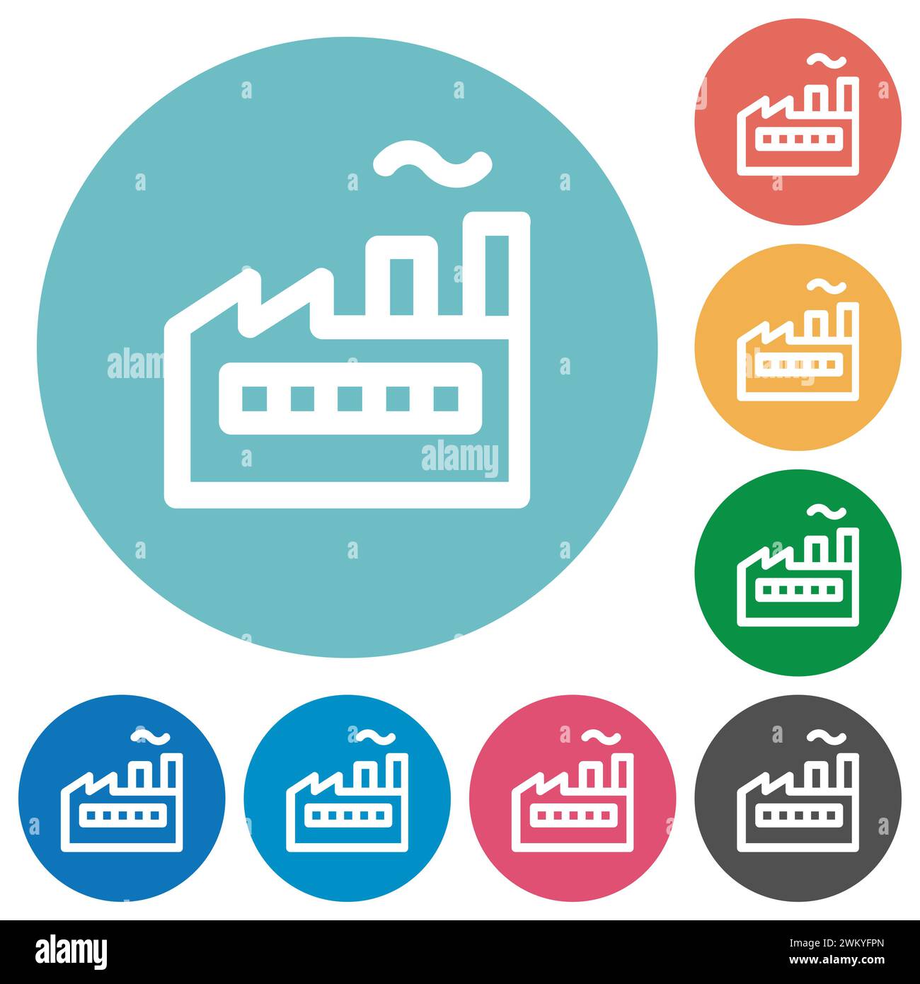 Factory building outline flat white icons on round color backgrounds ...