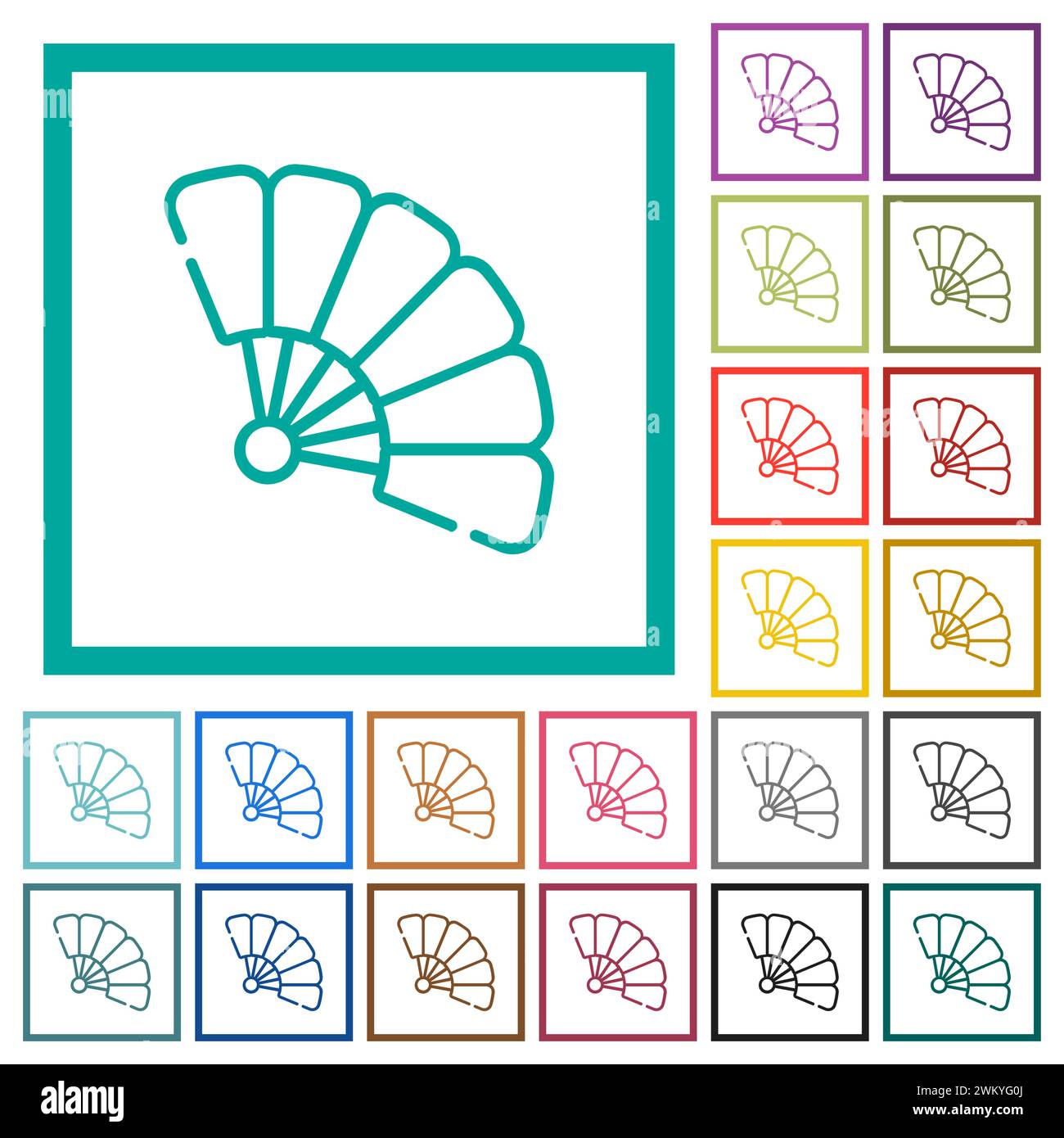 Folding hand fan outline flat color icons with quadrant frames on white ...