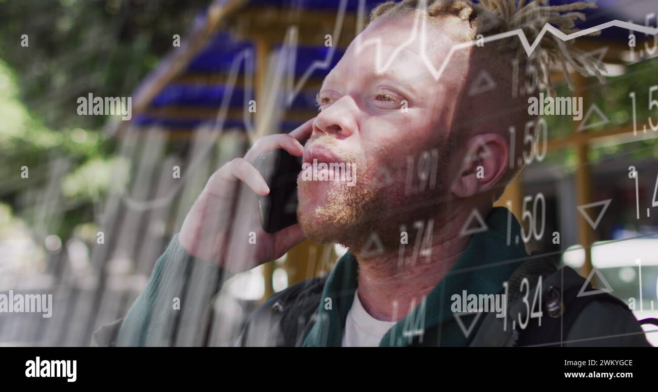Image of data processing over albino african american man using ...
